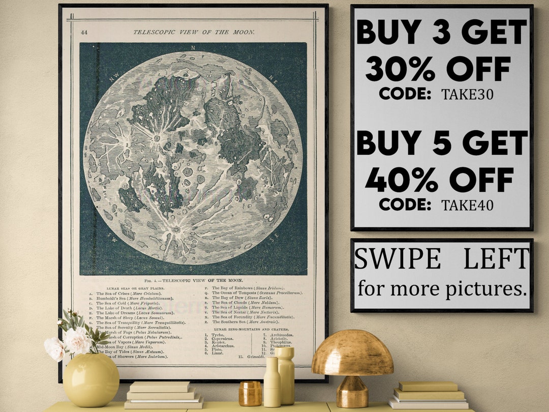 Vintage Moon Map, Antique Moon Print, Vintage Lunar Map of the Moon ...