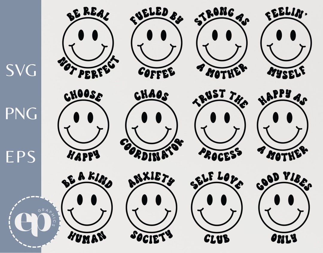 Smiley Face SVG Bundle | Motivational SVG Bundle | Retro Happy Face Png ...