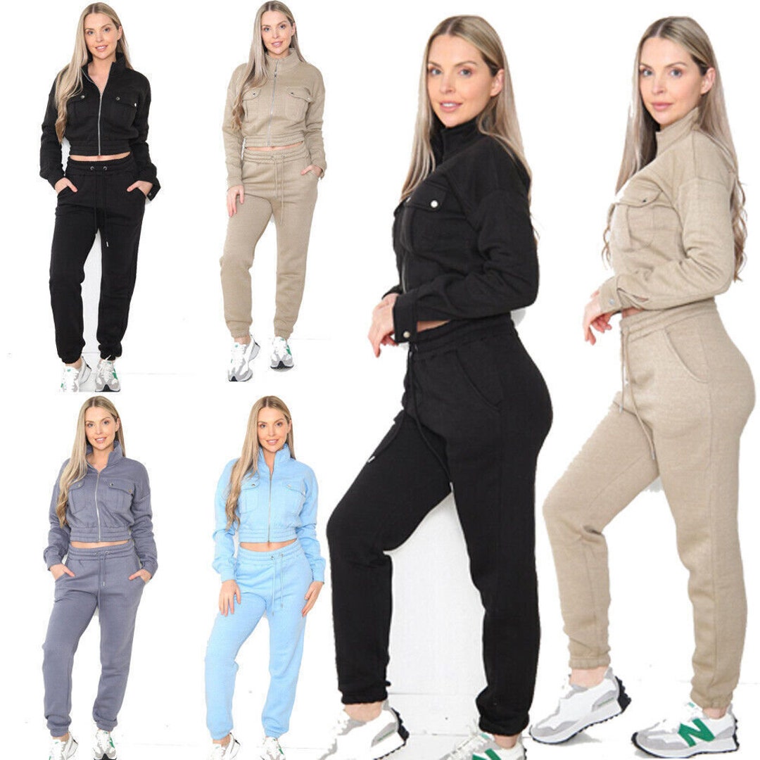 Ladies 2pc Zipper Crop Top Jacket and Joggers Co Ord Set Casual ...