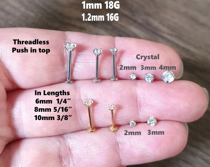 Labret Stud, Labret, Tragus Piercing, 16ga, 18ga, 20ga, Clear Crystal ...