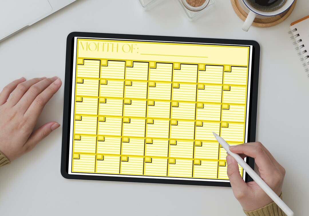 Yellow Printable Calendar, Undated, Monthly Blank Calendar, Digital ...