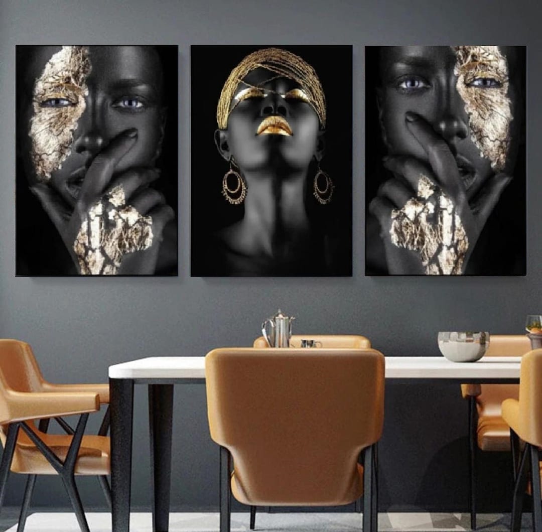 Set of 3 African Woman Canvas Wall Art Black and Gold Canvas Art Print African American Home ...