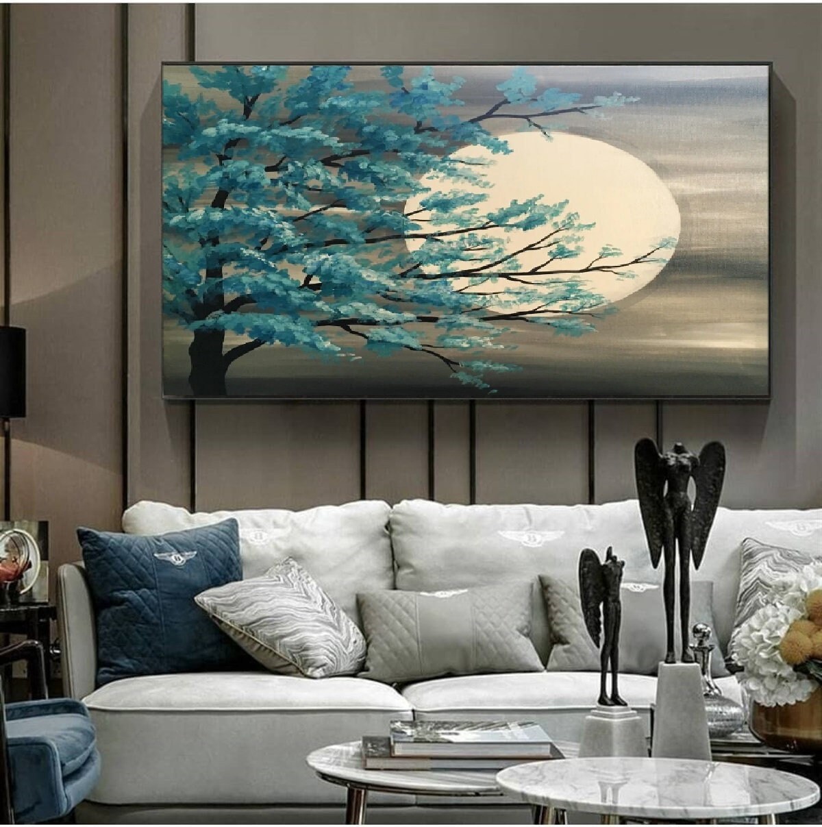 Tree and Moontree Wall Art Green Tree Decor Moon Canvas - Etsy