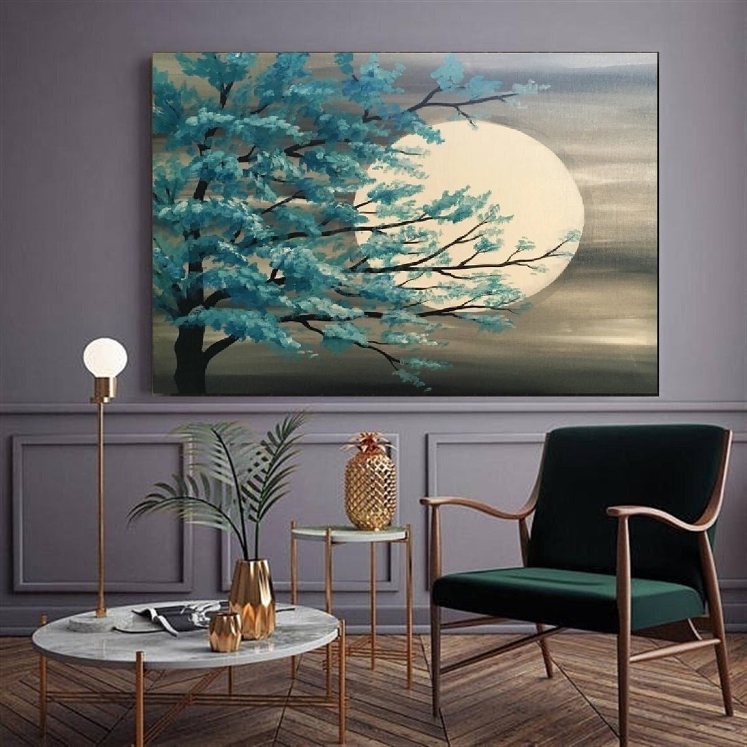 Tree and Moon,tree Wall Art, Green Tree Decor, Moon Canvas, Moon Living ...