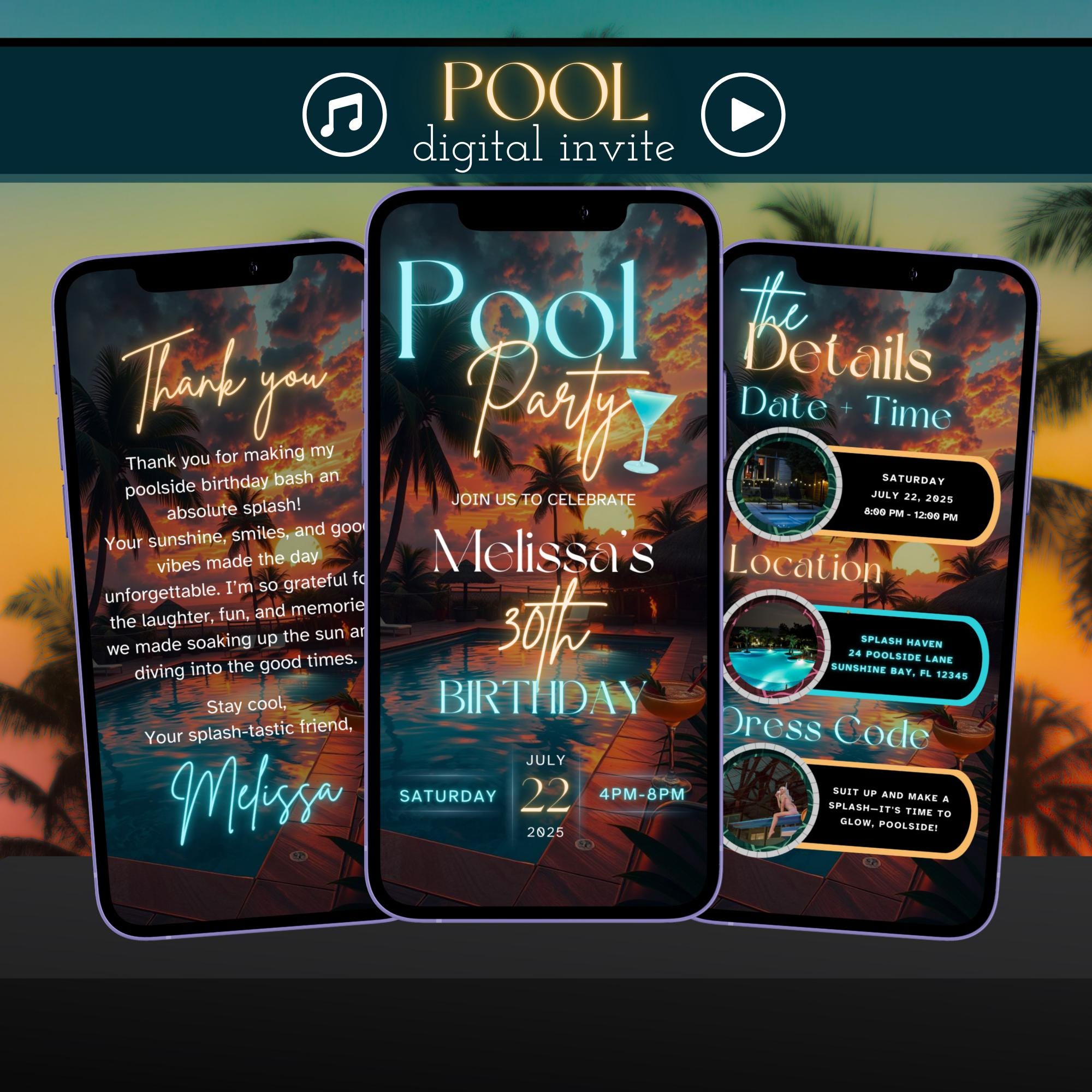 Adult Pool Birthday Invite | Summer Pool Party Video Invitation | Beach ...