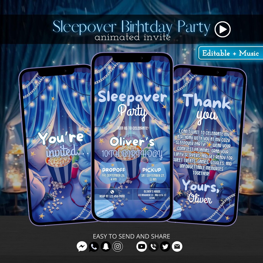 Blue Sleepover Birthday Invitation, Pajama Party Evite, Animated ...