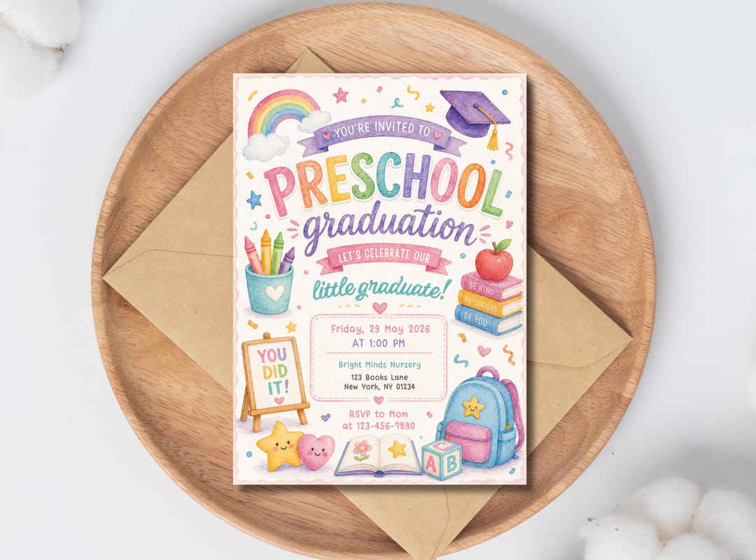 Preschool Graduation Invitation Template, Editable Kindergarten ...