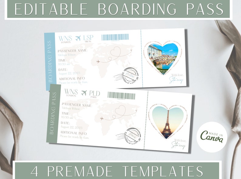 Editable Boarding Pass Template Set of 4 Printable Airline Ticket ...