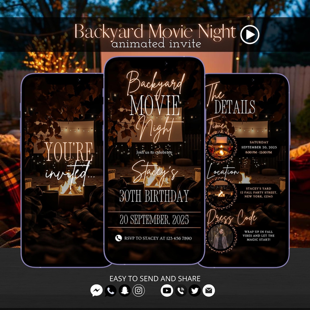 Fall Movie Night Birthday Invitation, Animated Outdoor Cinema (digital ...