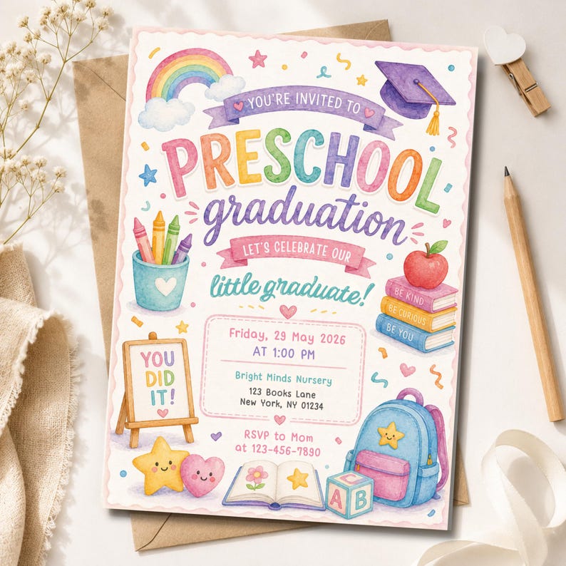 Preschool Graduation Invitation Template, Editable Kindergarten ...