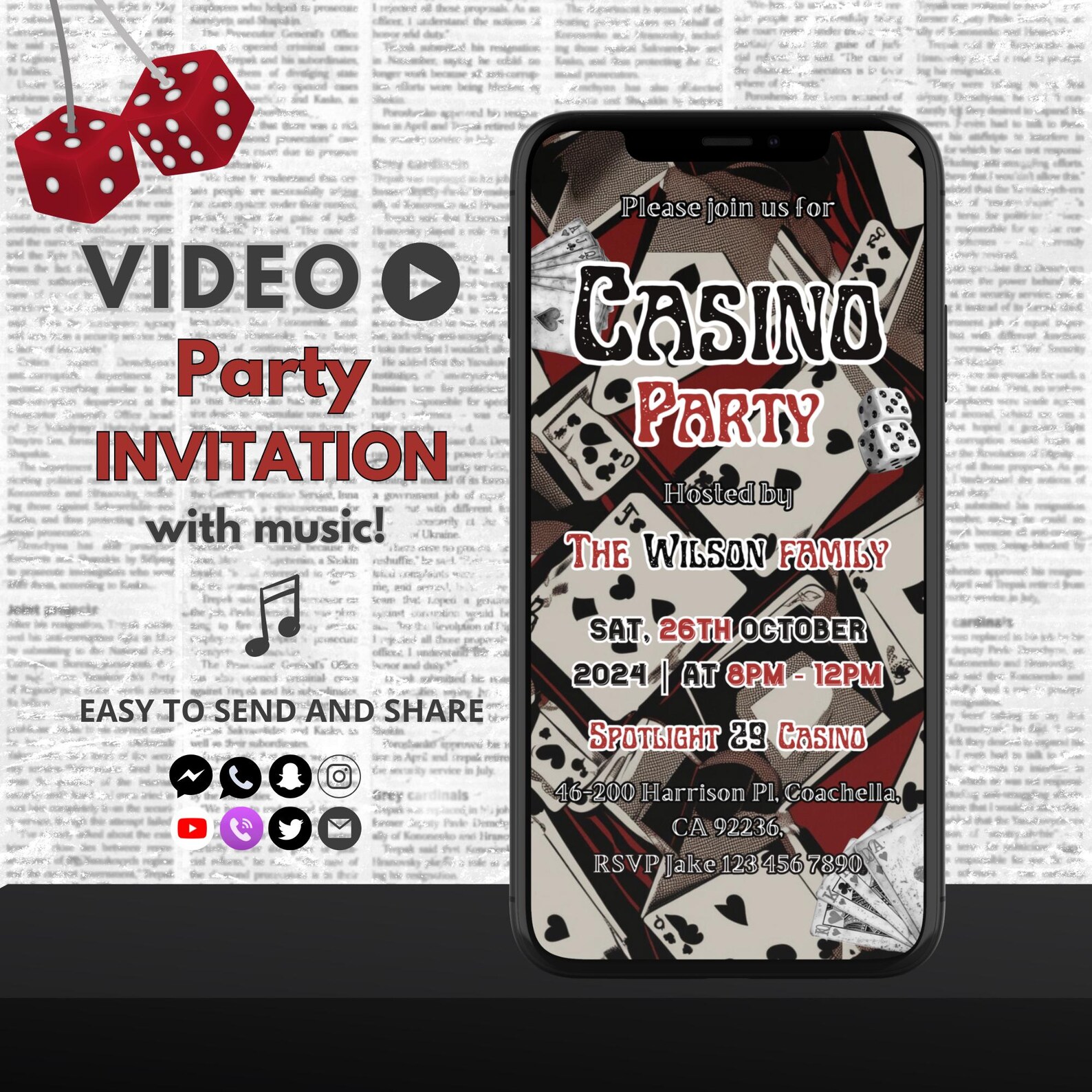 Casino Night Invite | Digital Poker Party Invite | Men Women Casino ...