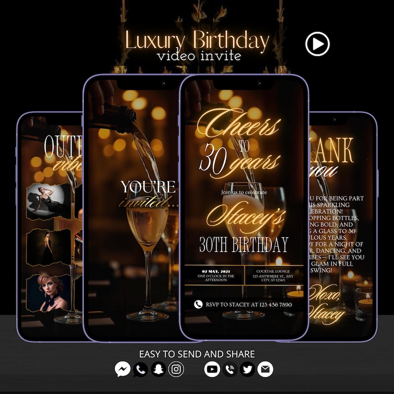 Luxury Black Gold Birthday Invitation Video, Editable Cheers to 30 ...