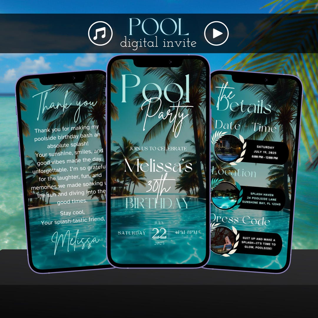 Editable Animated Pool Party Invite | Adult Summer Birthday Digital ...