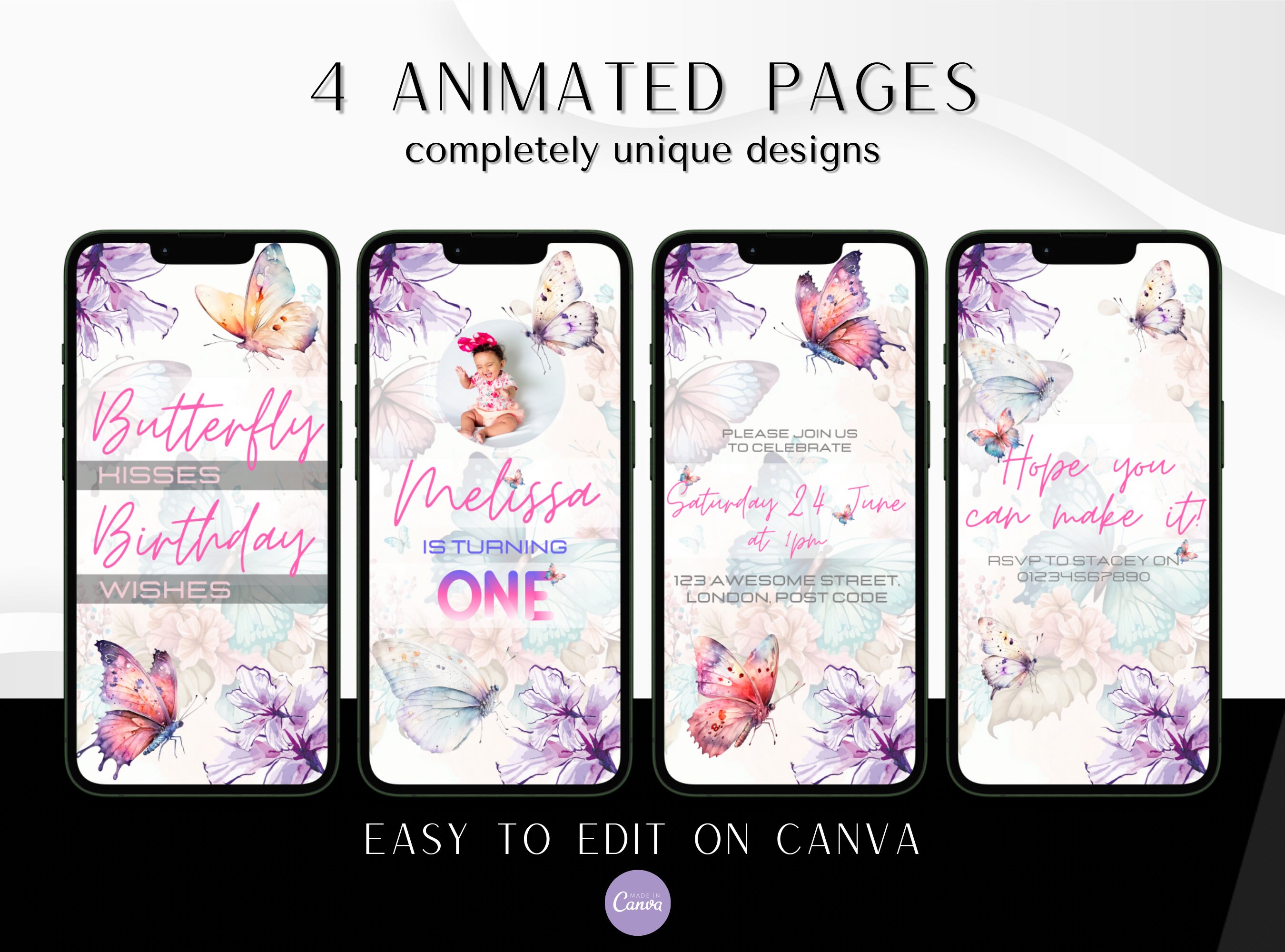 Animated Butterfly Birthday Video Invitation, First Birthday Girl ...