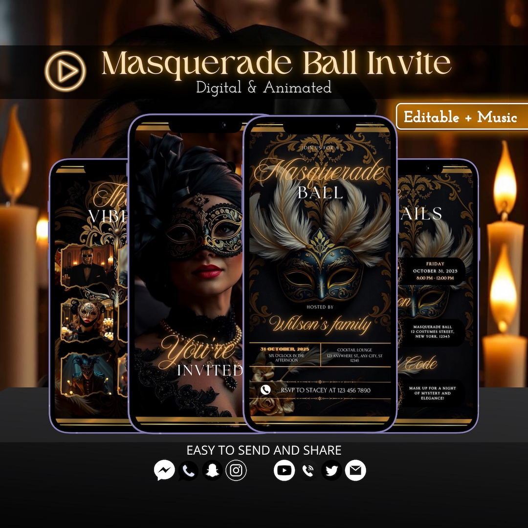 Elegant Masquerade Ball Video Invitation | Black Gold Feather Mask ...