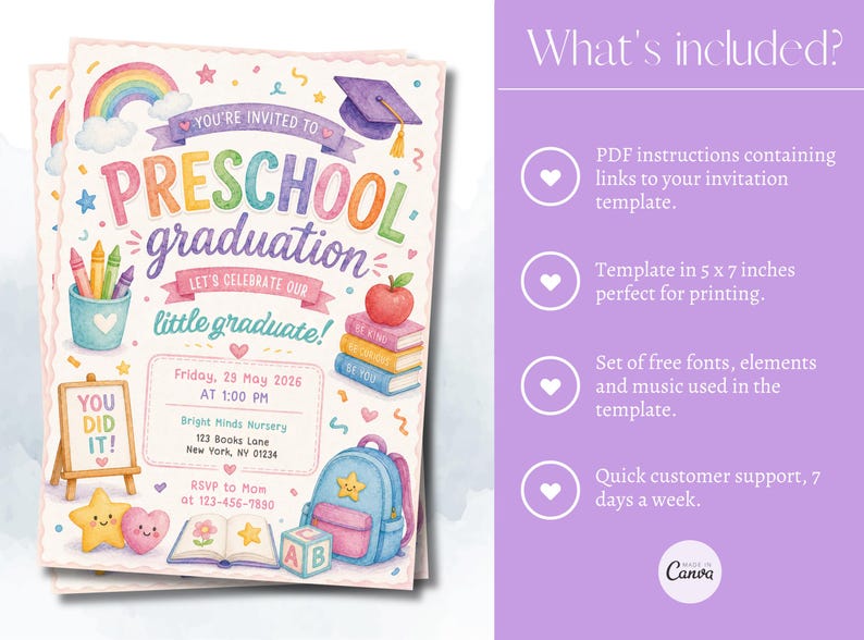 Preschool Graduation Invitation Template, Editable Kindergarten ...
