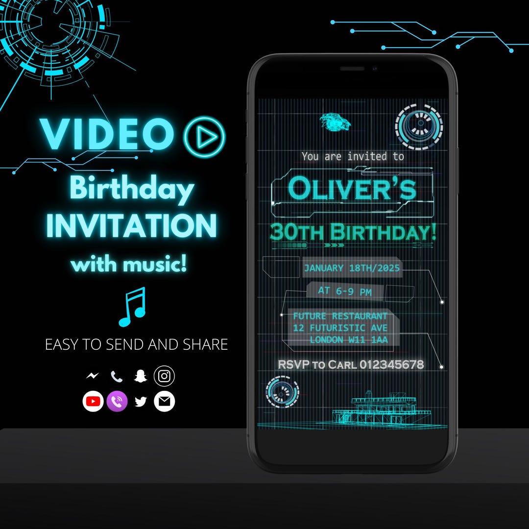 Animated Adult Birthday Invite | Tech Futuristic Birthday Invitation ...