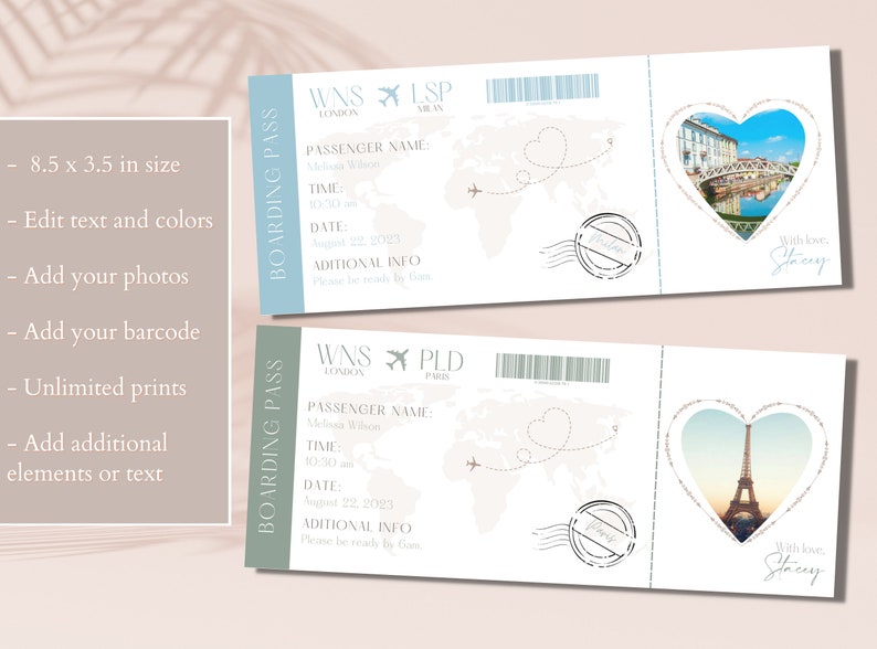 Editable Boarding Pass Template Set of 4 Printable Airline Ticket ...