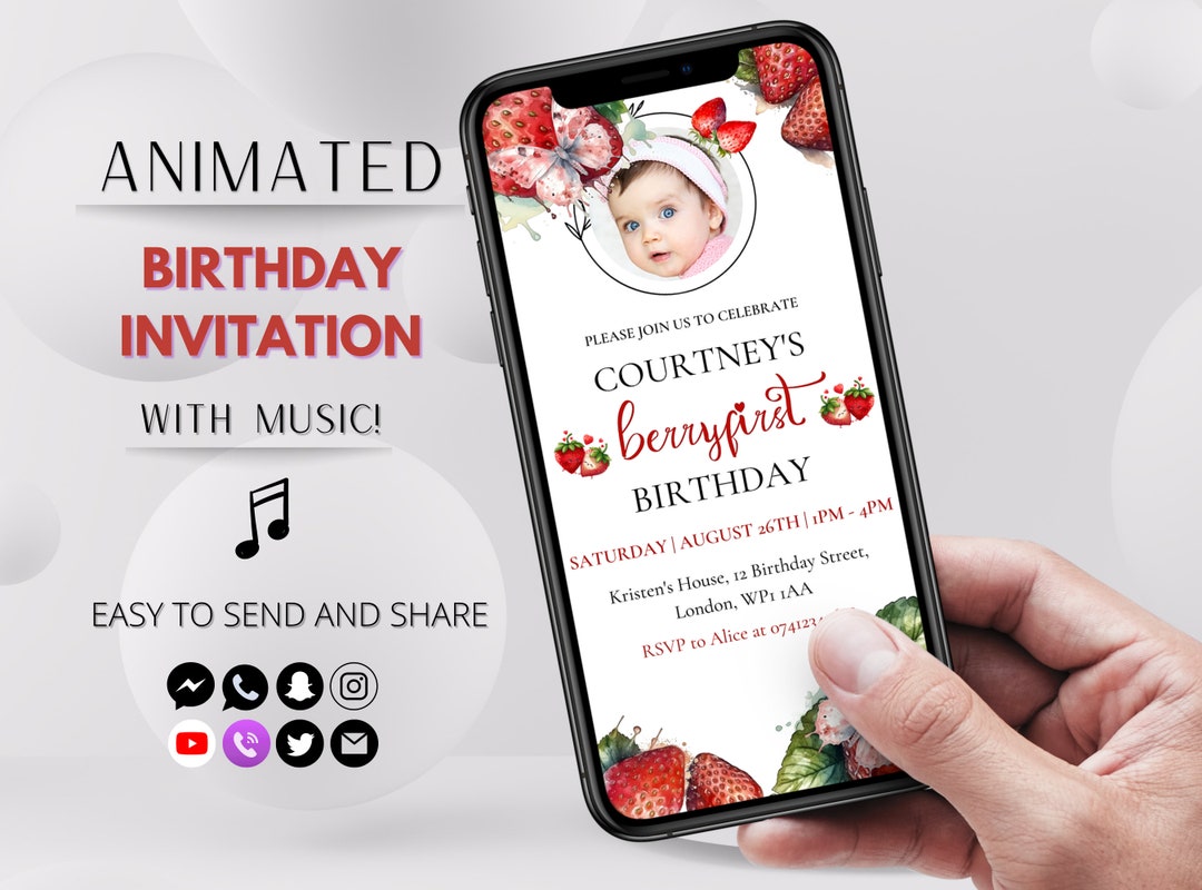 Berry First Birthday Invitation Animated Strawberry 1st Birthday Invite ...