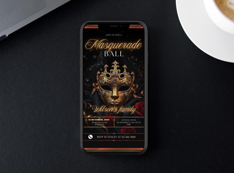 Animated Masquerade Ball Invitation, Red Rose Costume Party Evite ...