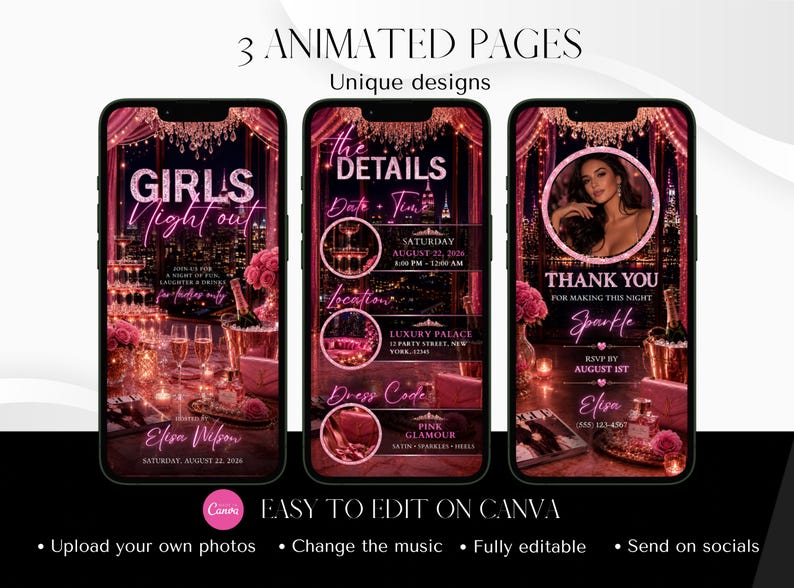Girls Night Out Invitation Template, Editable Canva Mobile Invite ...