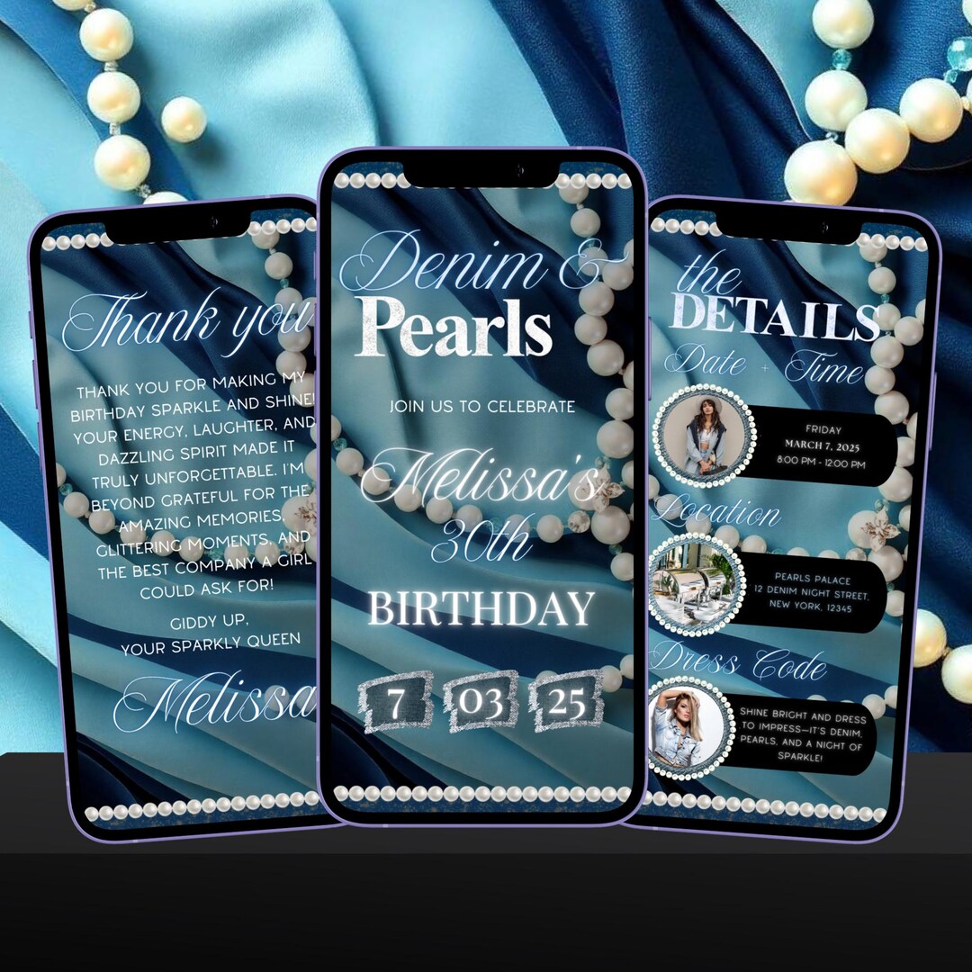 Denim & Pearls Birthday Invitation | Denim Pearls Invite for Adult ...