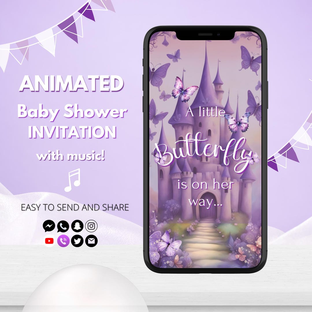 Butterfly Baby Shower Video Invitation | Editable Purple Butterfly Baby ...