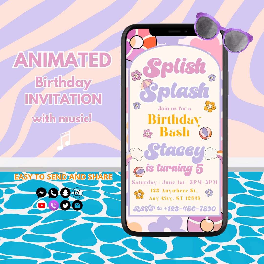 Animated Groovy Pool Party Invitation | Editable Girl Birthday Invite ...