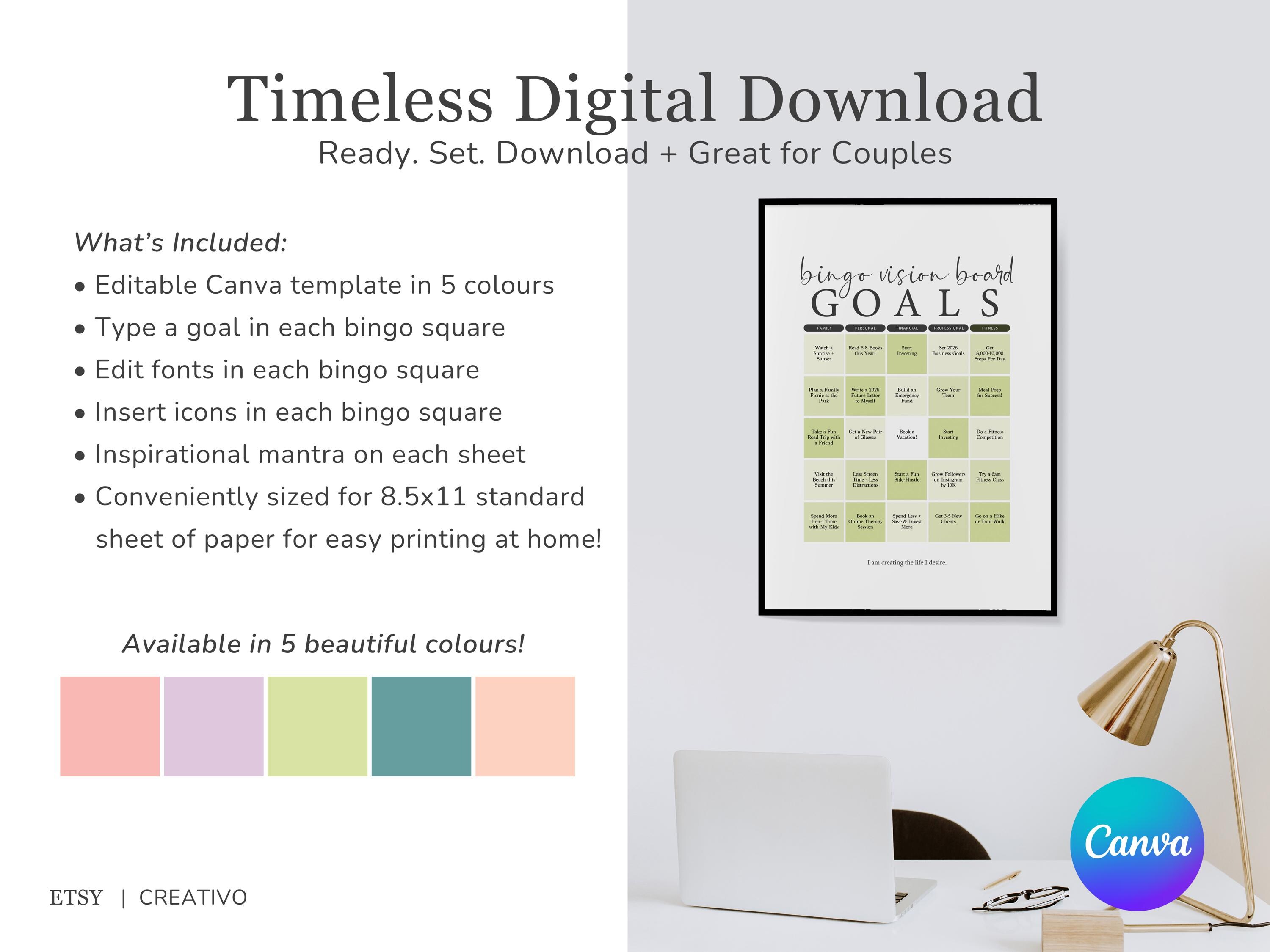 Timeless Vision Board Bingo Card Template - Etsy