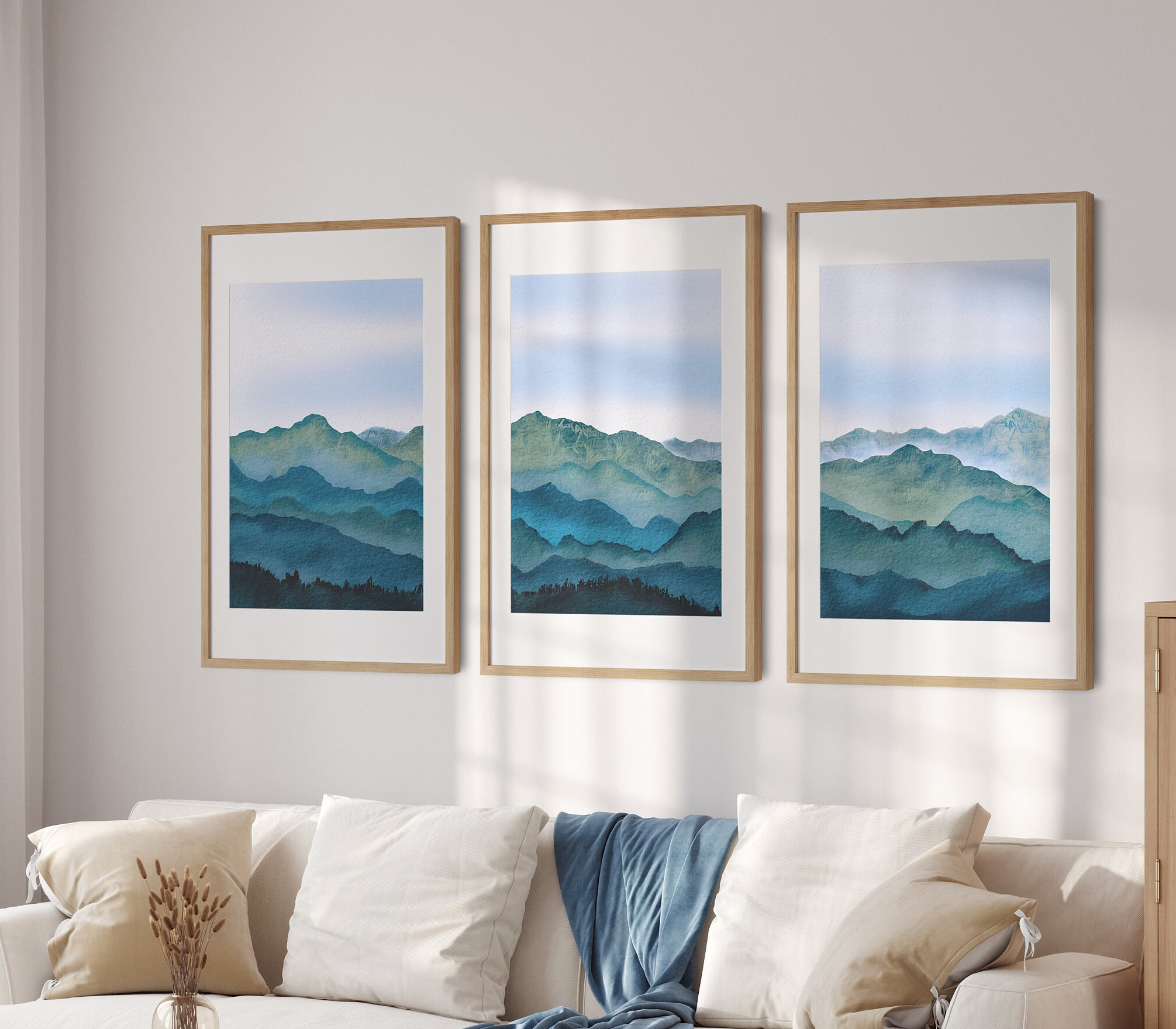 Watercolor Abstract Landscape Poster Set of 3, Blue Mountain Wall Art ...