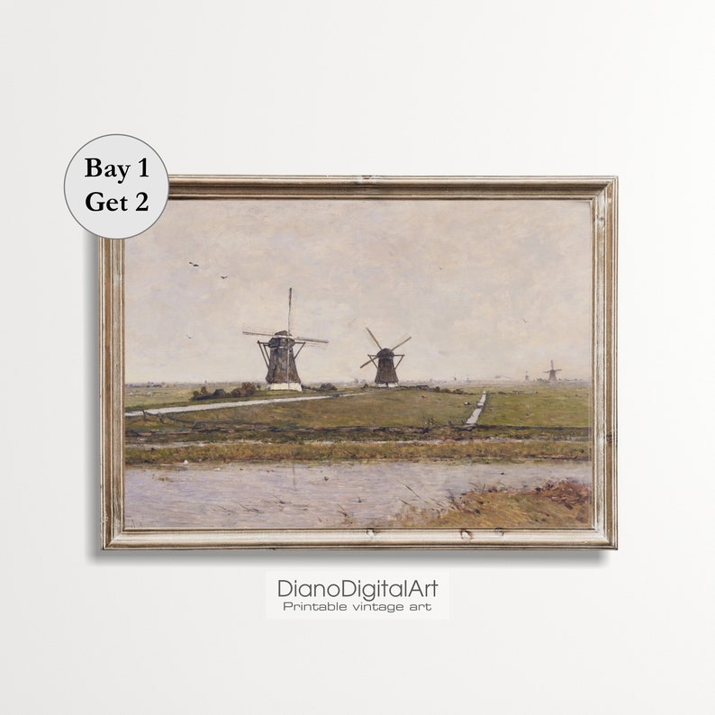 Vintage Windmill Print, Printable Dutch Country Painting, Farmhouse ...
