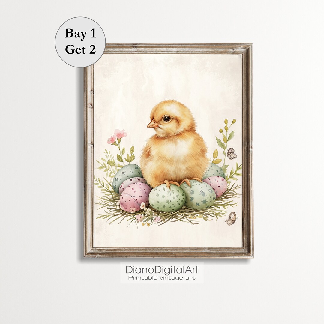 Cute Easter Chick Printable Wall Art Yellow Baby Chicken Vintage Spring ...