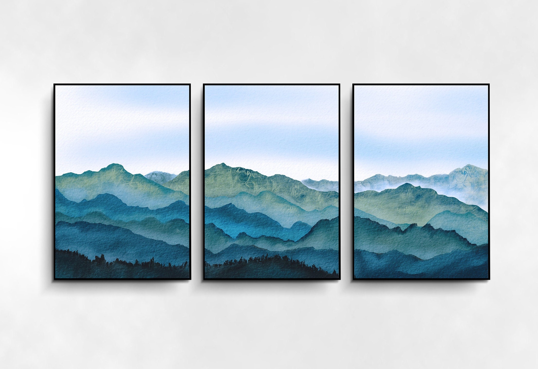 Watercolor Abstract Landscape Poster Set of 3, Blue Mountain Wall Art ...