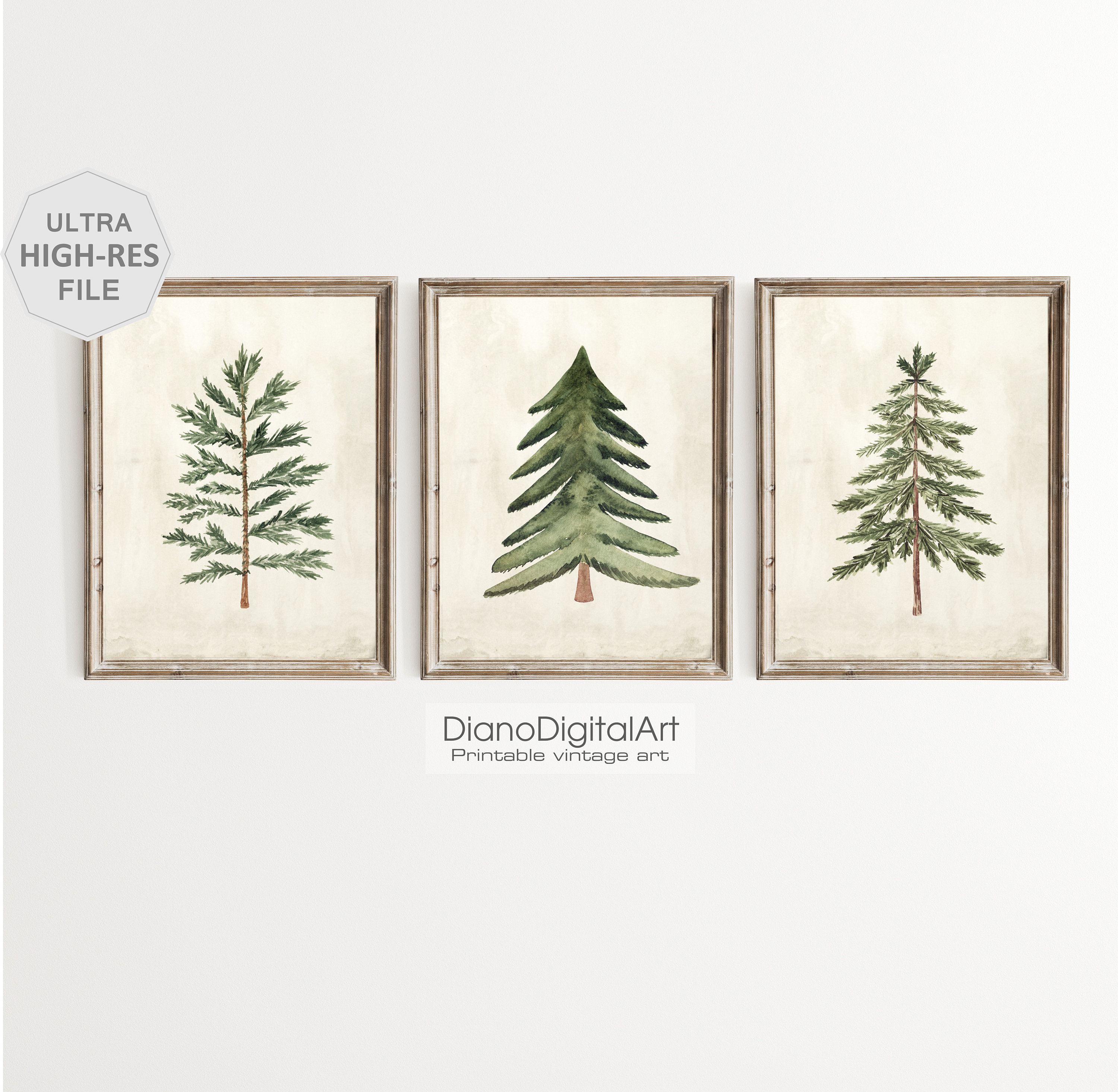 Printable Christmas Tree Painting Set of 3, Watercolor Evergreen Trees ...
