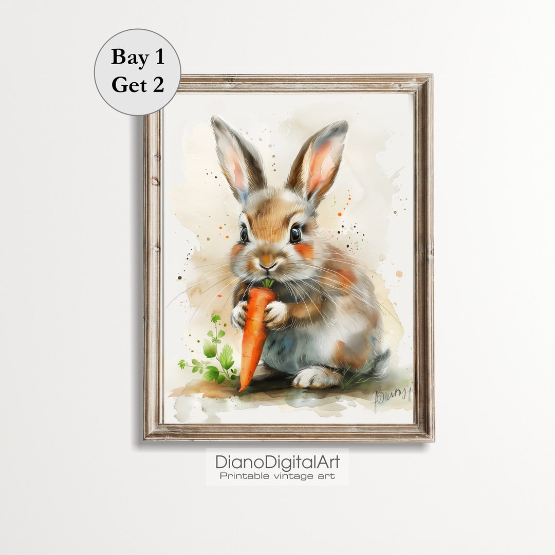 Cute Easter Bunny With Carrot Printable Wall Art, Spring Rabbit Picture ...