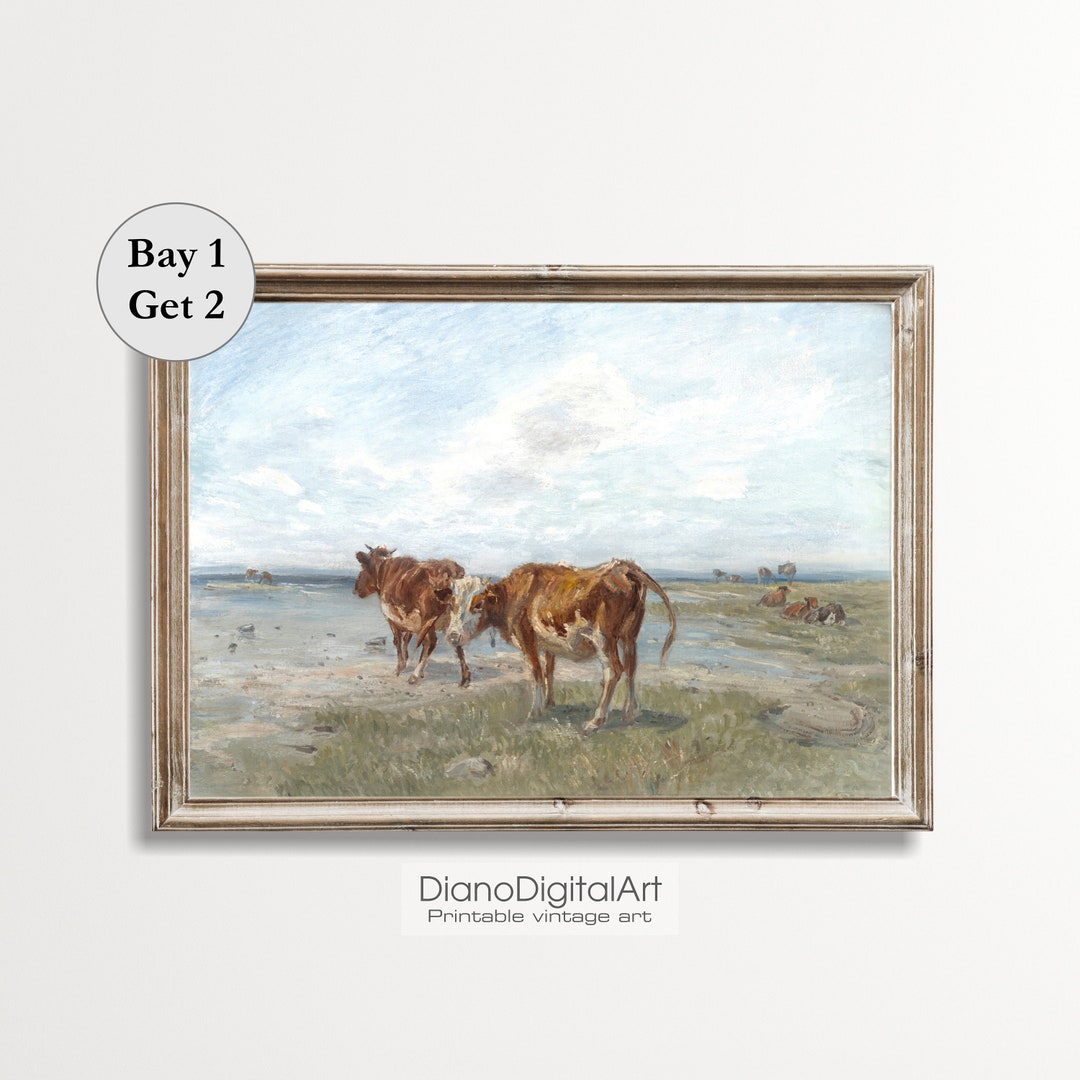 Cow Painting, Countryside Cows Print, Rustic Landscape Painting ...