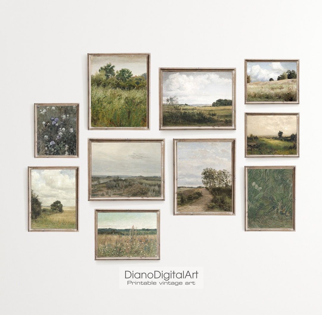 Vintage Set of Ten Gallery Prints in Dark Green Tones for Digital ...