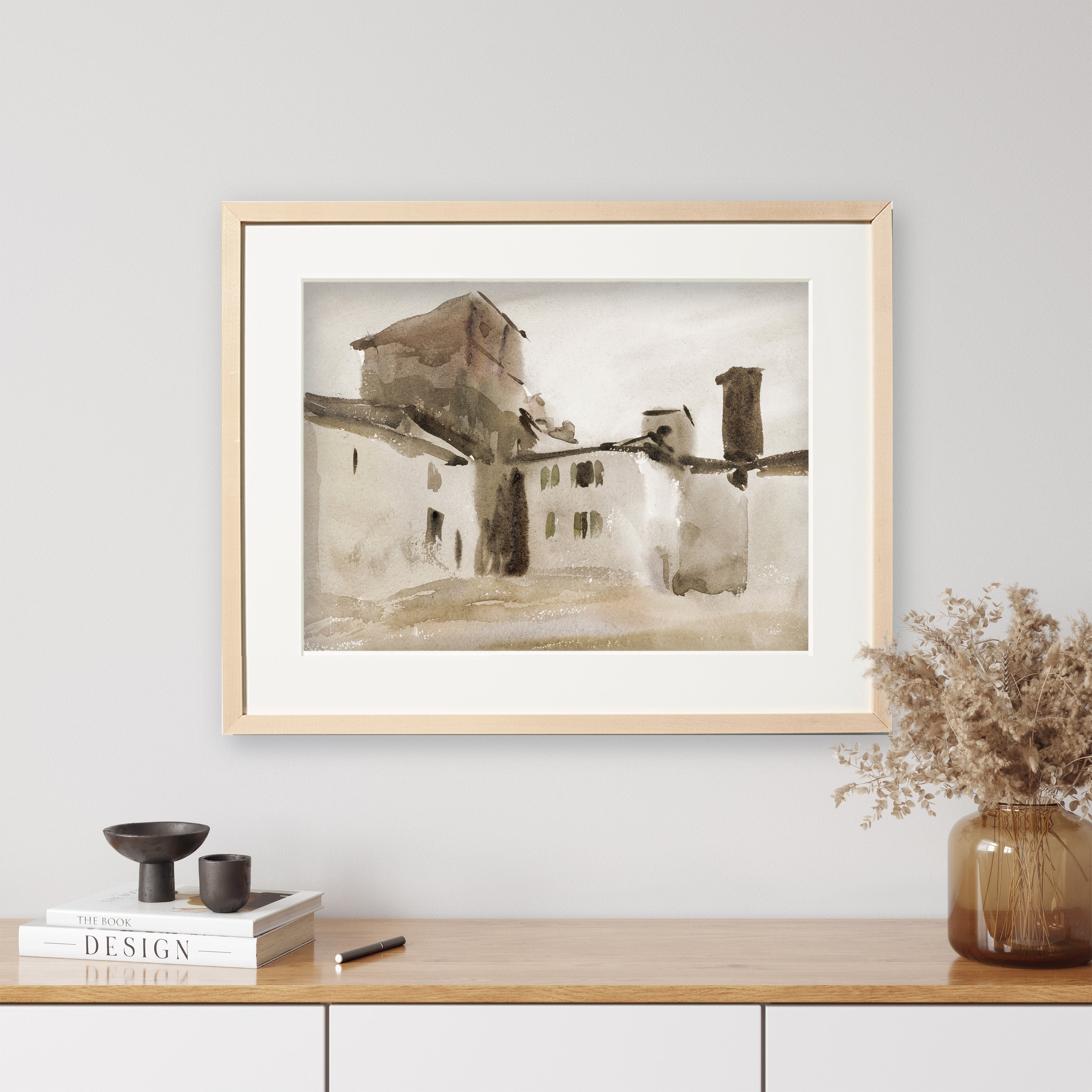 Vintage Italian Villa Painting, Antique Neutral Wall Art, Muted Tonal ...