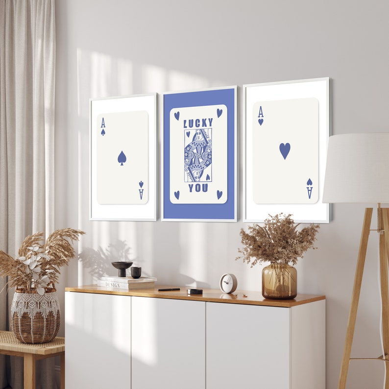 Printable Trendy Retro Wall Art Set of 3 Lucky You Poster, Neutral Blue ...