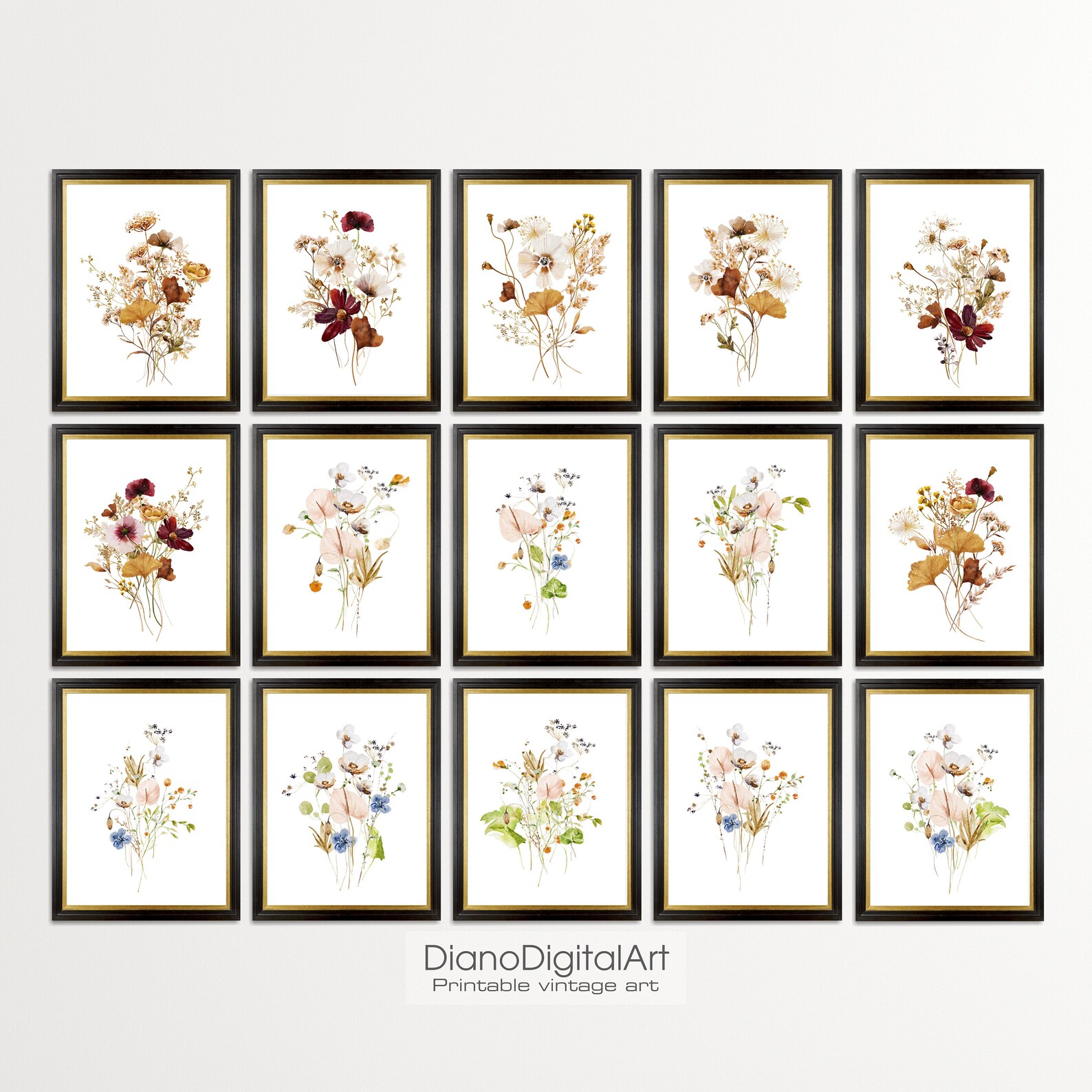 Watercolor Wildflower Print Set of 15, Printable Botanical Art, Floral ...