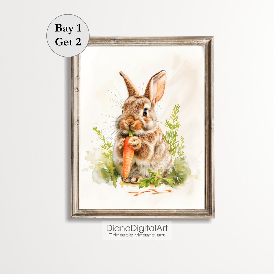 Cute Easter Bunny With Carrot Printable Wall Art, Spring Rabbit Picture ...