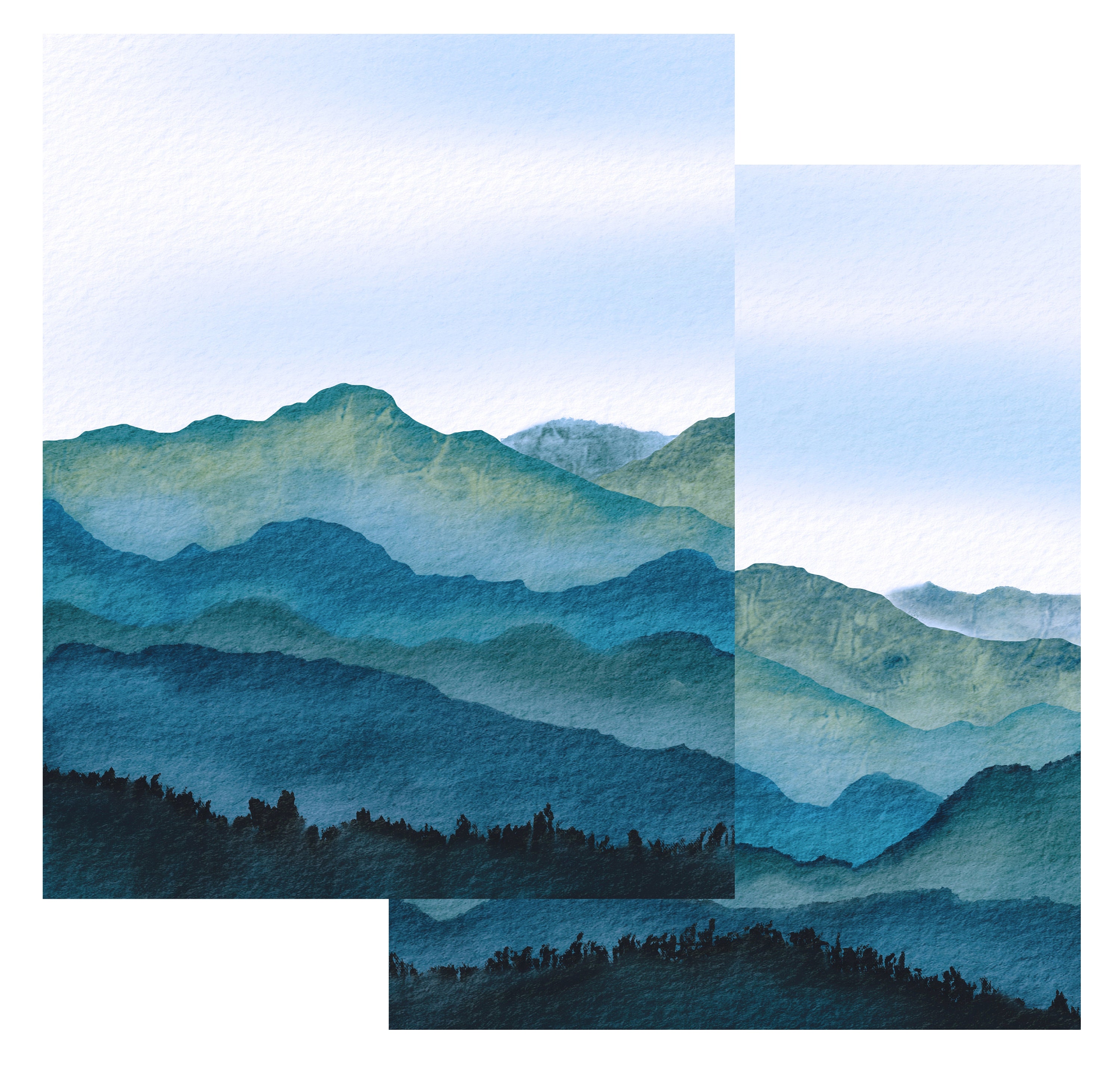 Watercolor Abstract Landscape Poster Set of 3, Blue Mountain Wall Art ...