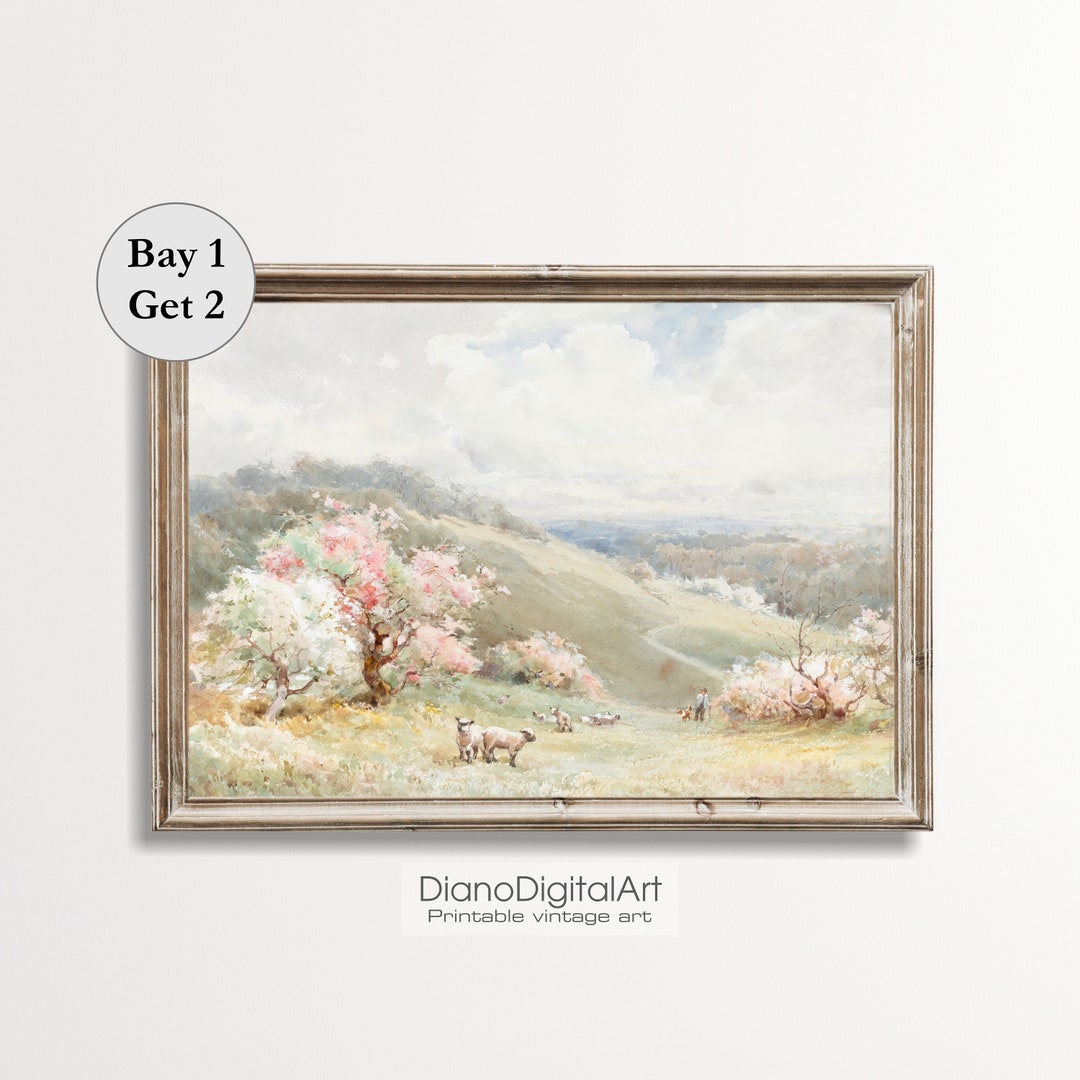 Printable Spring Meadow Painting, Country Field Soft Colors, Vintage ...