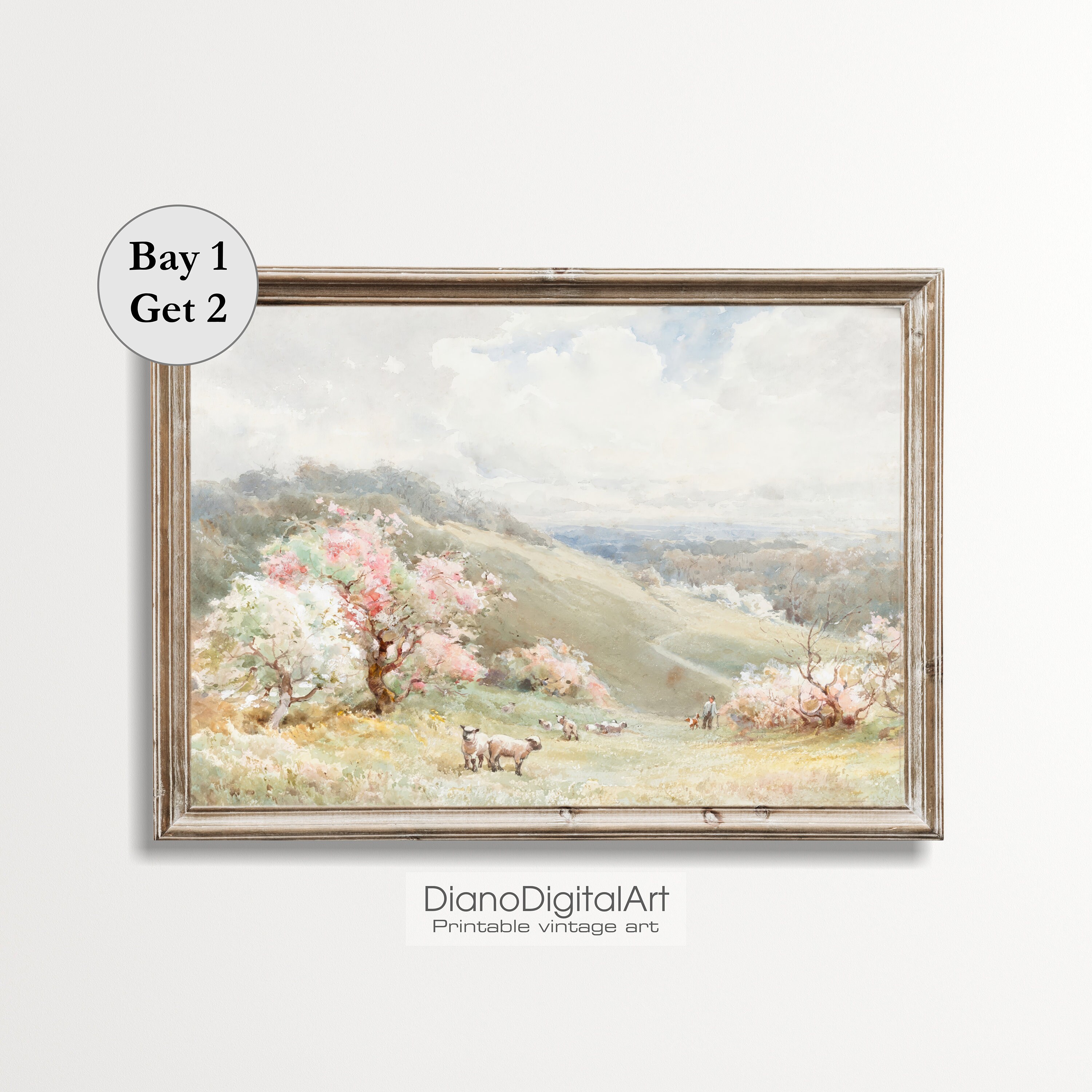 Printable Spring Meadow Painting, Country Field Soft Colors, Vintage ...