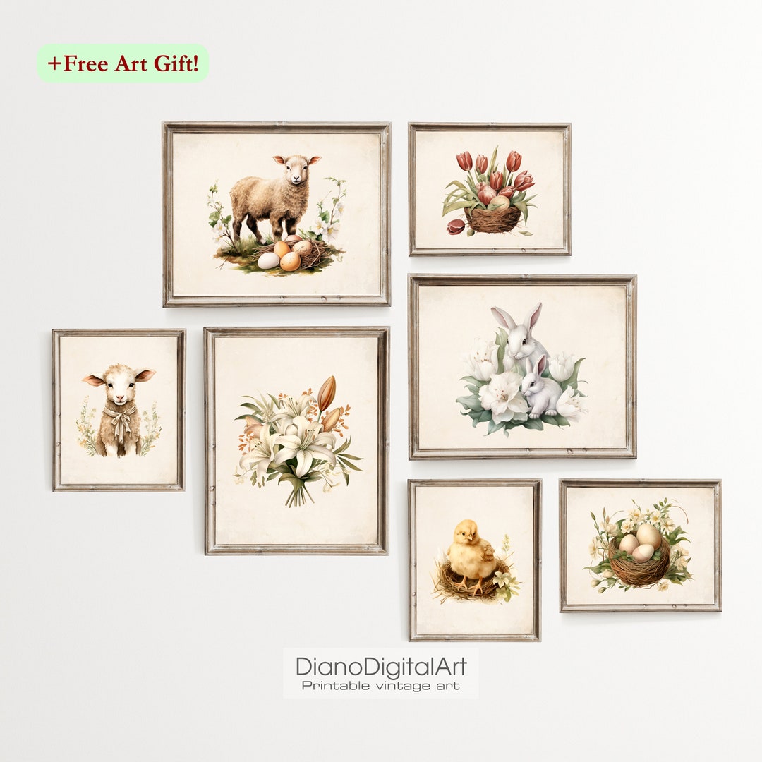 Set of 7 Vintage Easter Prints, Printable Spring Gallery Wall Set ...
