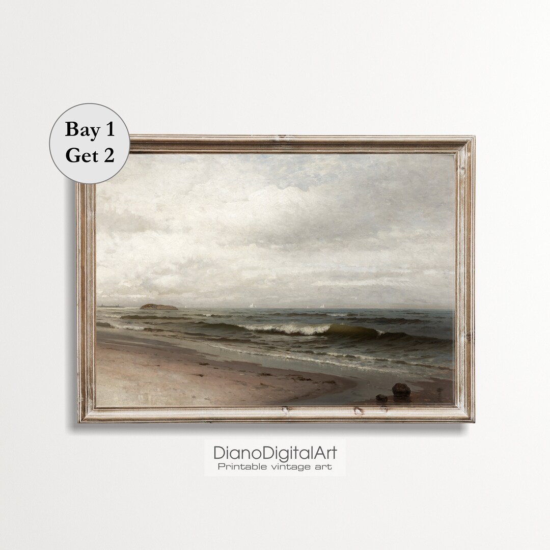 Printable Vintage Coastal Seaside Painting, Antique Beach Print ...
