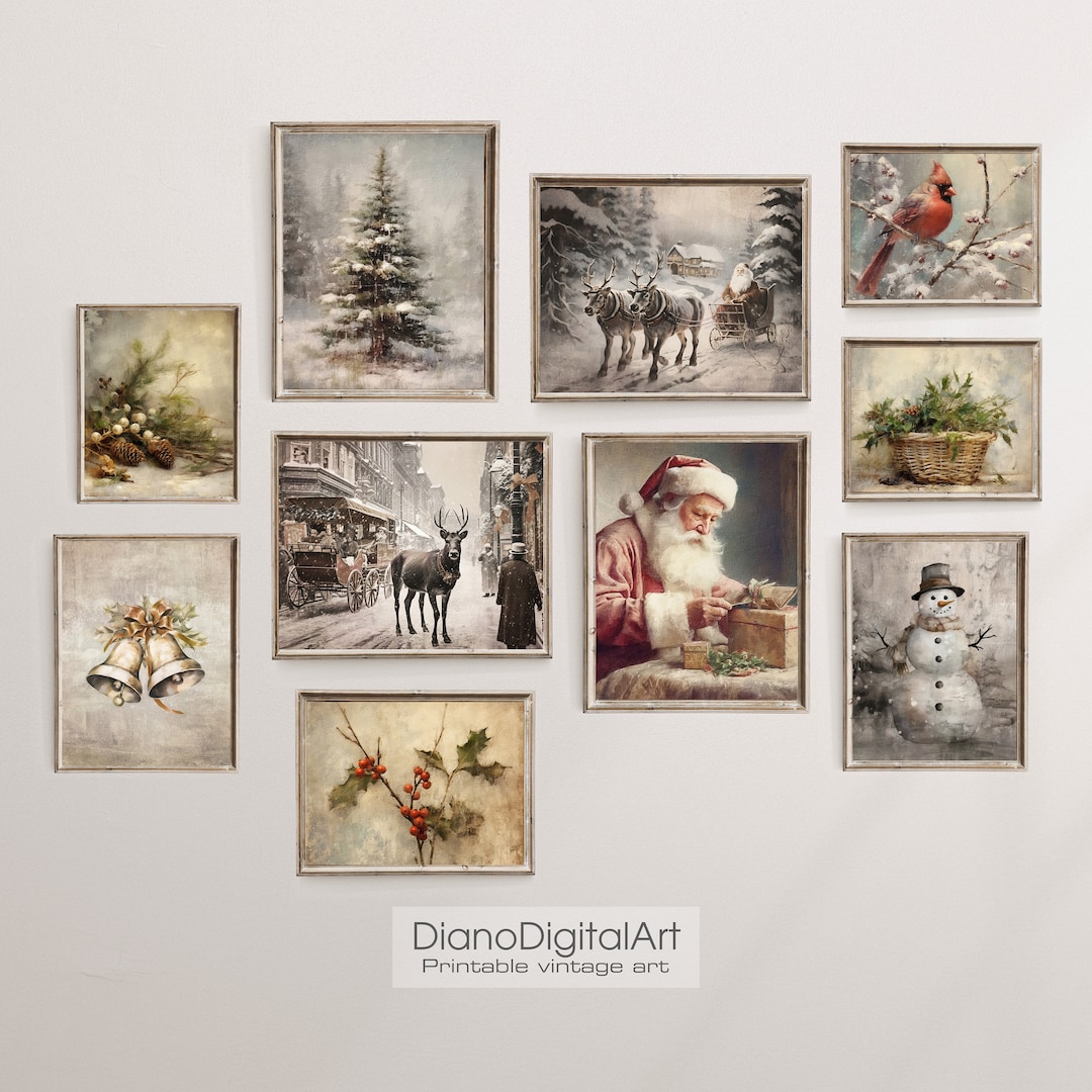 Printable Christmas Wall Art Gallery Set of Ten, Vintage Christmas ...