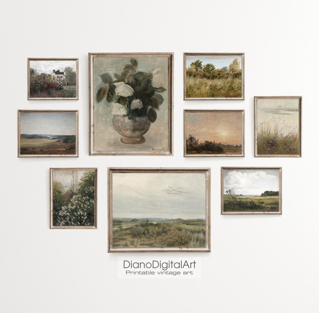Vintage Set of Nine Gallery Prints in Warm Tone Painting for Digital ...