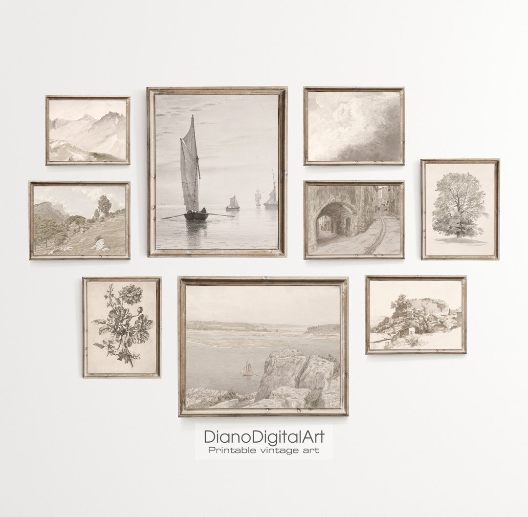 Vintage Set of Nine Gallery Prints in Light Soft Neutral Tones for ...