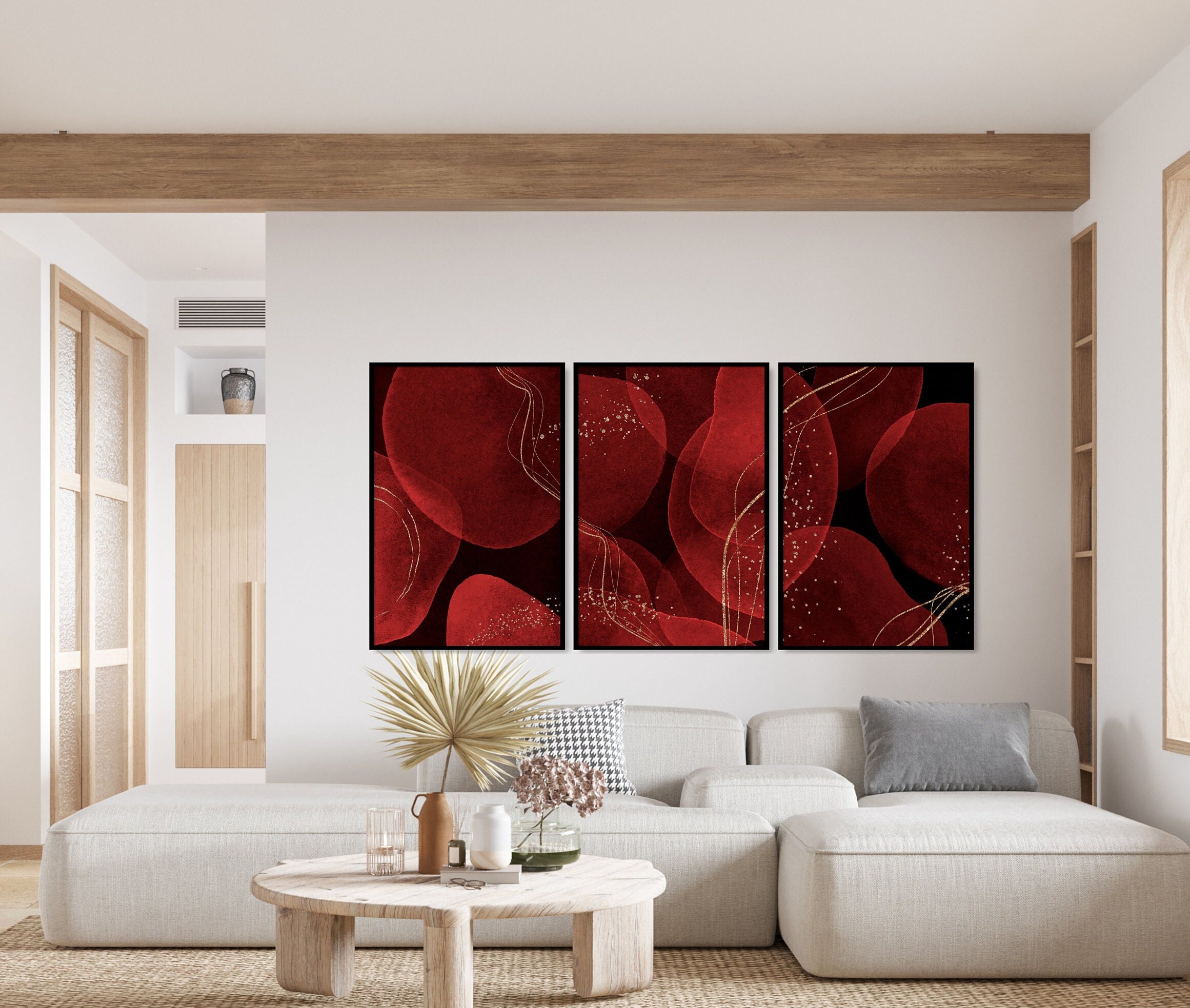 Red Abstract Print, Boho Printable Wall Art Set of 3, Minimalist ...